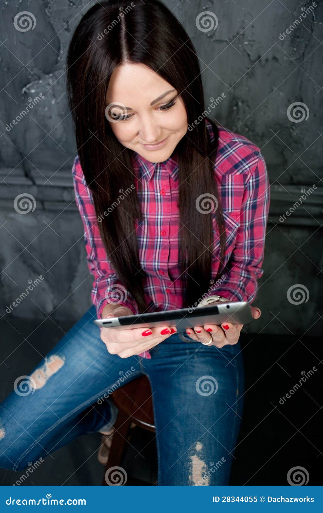 The Young Girl Dreams and Holds the Touchpad Stock Image - Image of ...