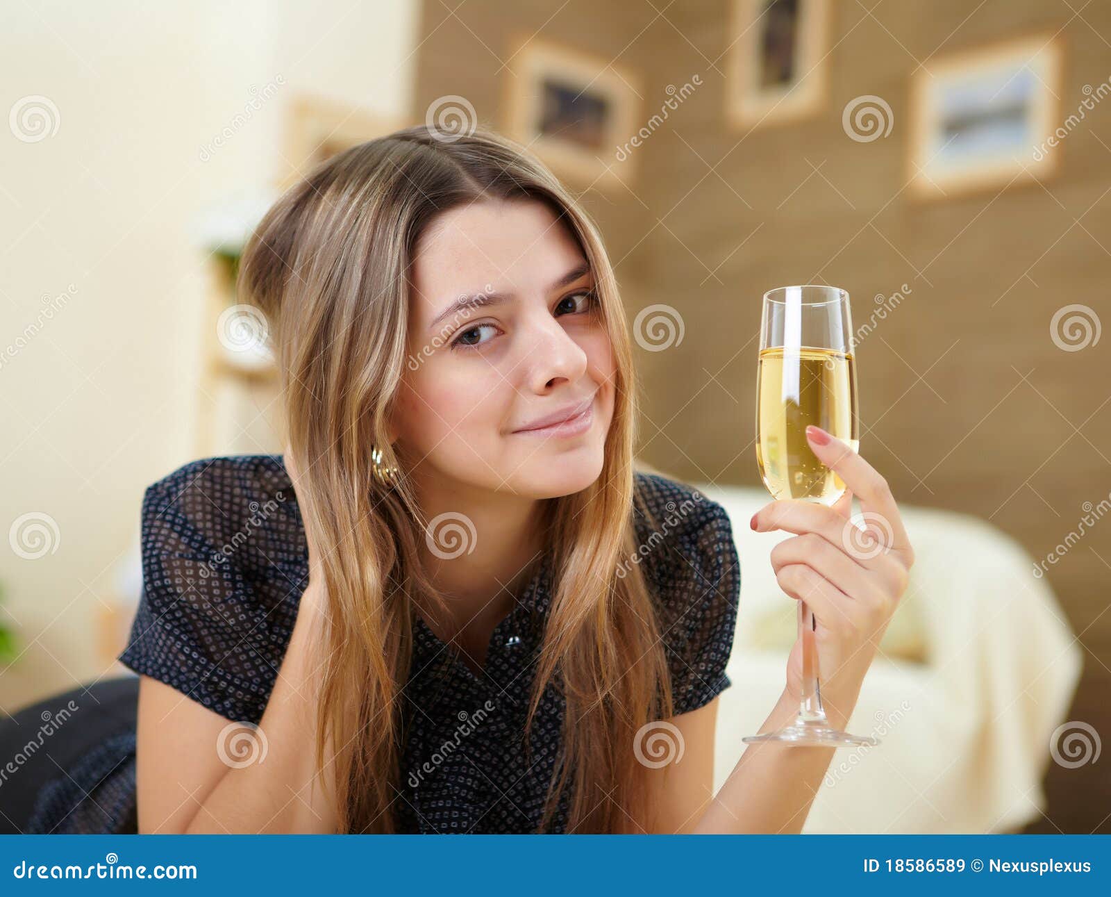Young Girl Drinking Champagne at Home Stock Image - Image of modern ...