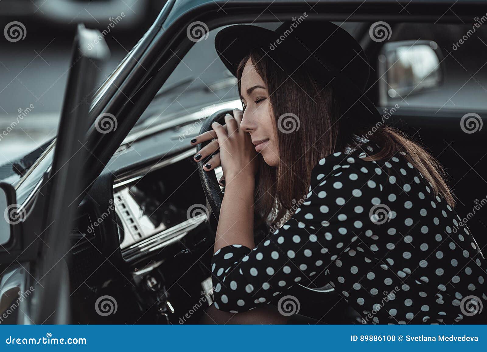 Young Girl Driving a Retro Car Stock Photo - Image of elegant, journey ...