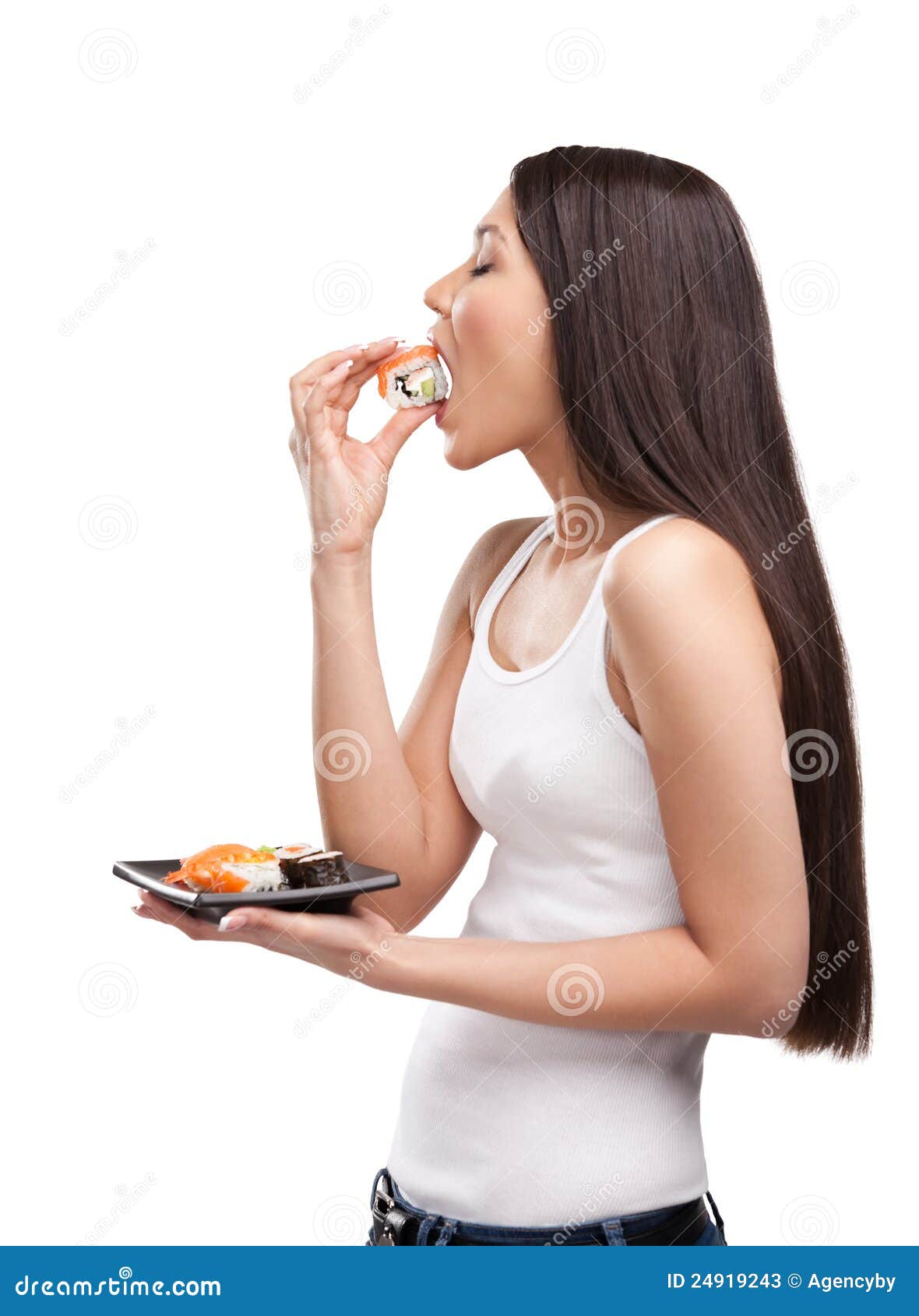 Young Girl Eating Sushi, Profile View Stock Image - Image of rolls ...