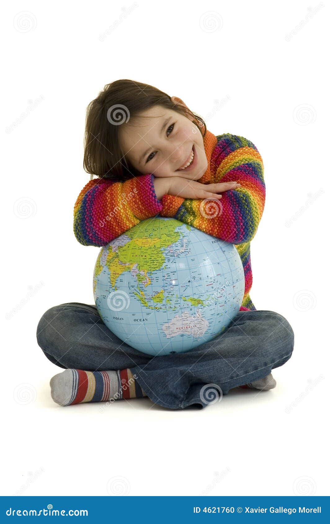 Young Girl Embracing the World Globe Stock Photo - Image of kinder ...