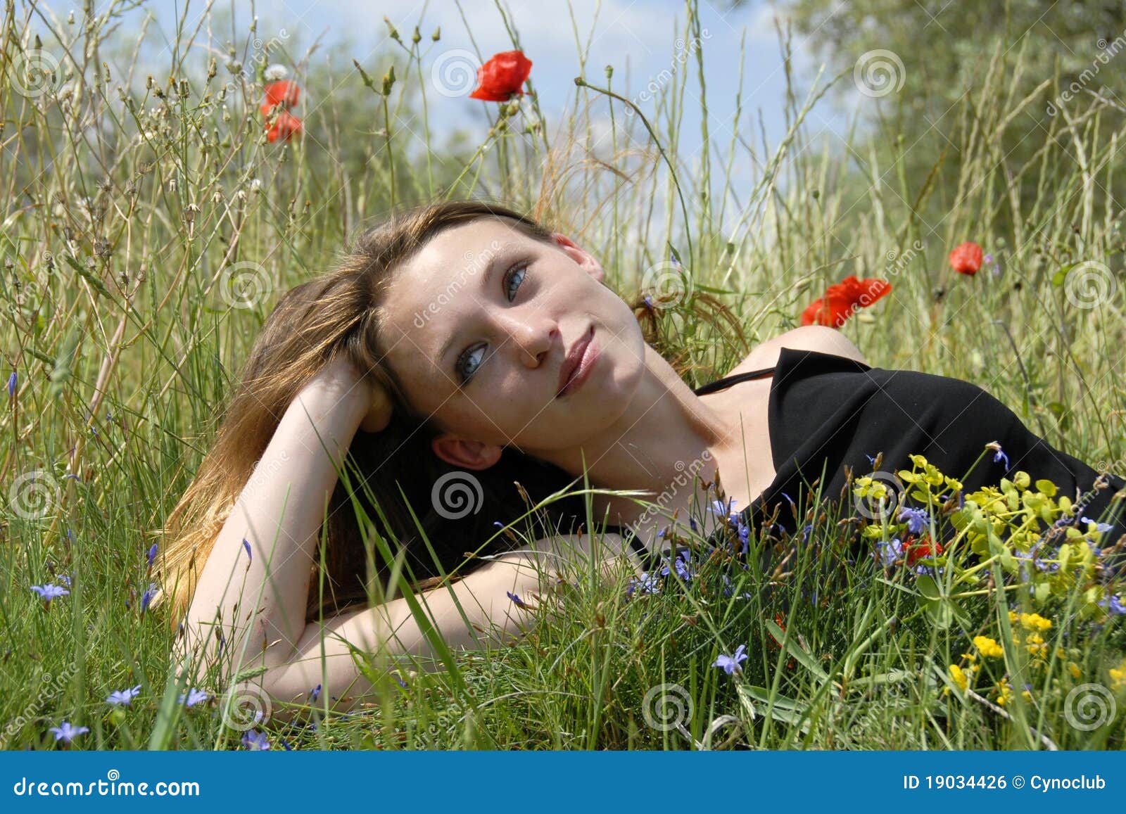 Young girl in a field stock photo. Image of lying, woman - 19034426