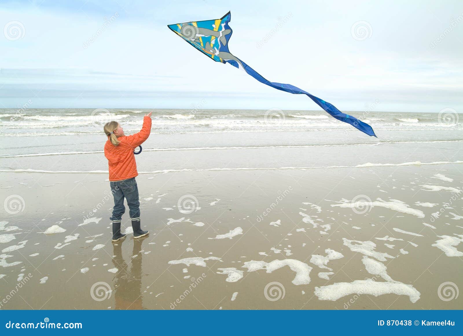 Young Girl Flying a Kite at the Coastline Stock Photo - Image of ...