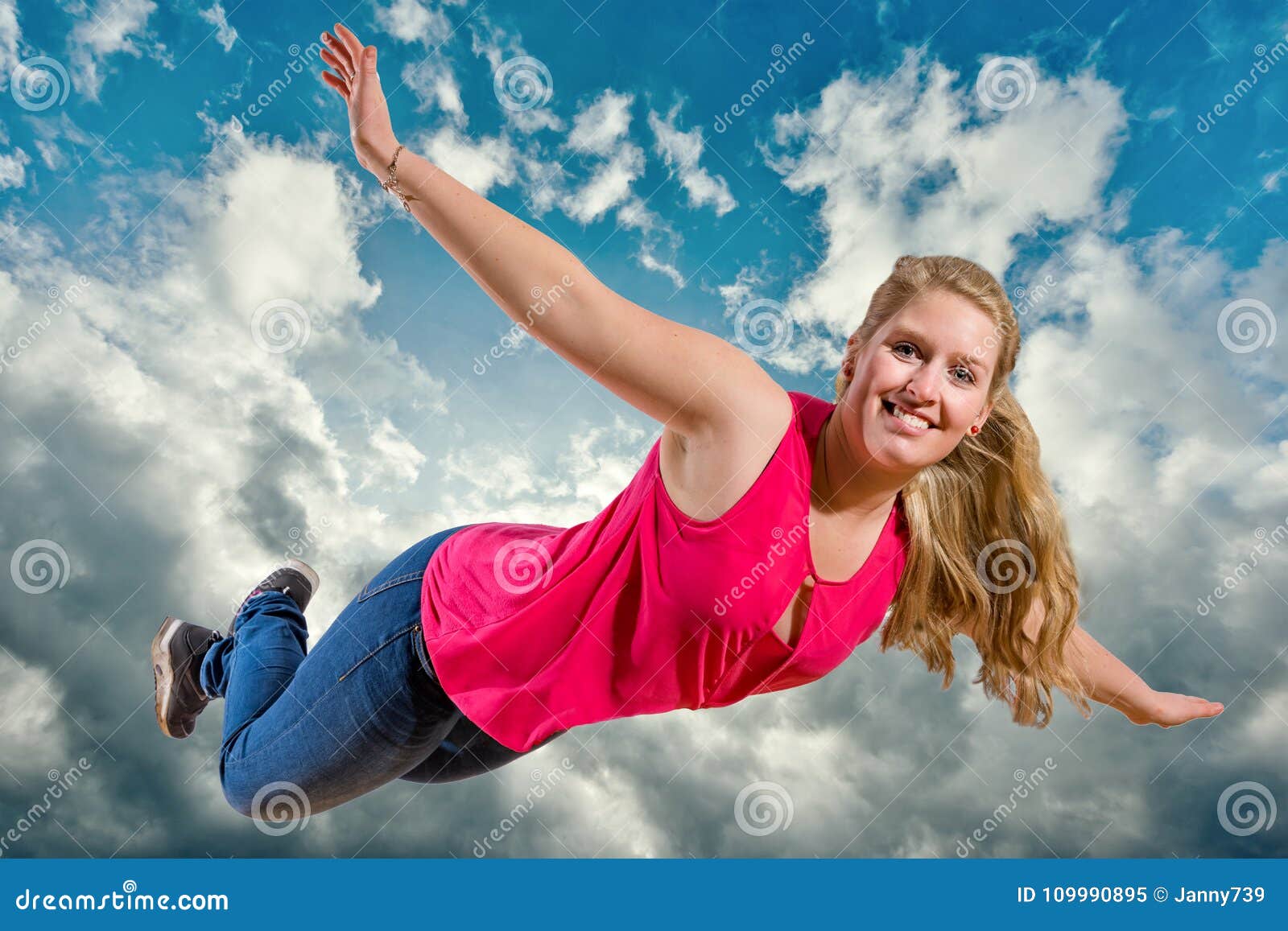 Young Girl is Flying and Laughing High in Clouds Stock Image - Image of ...