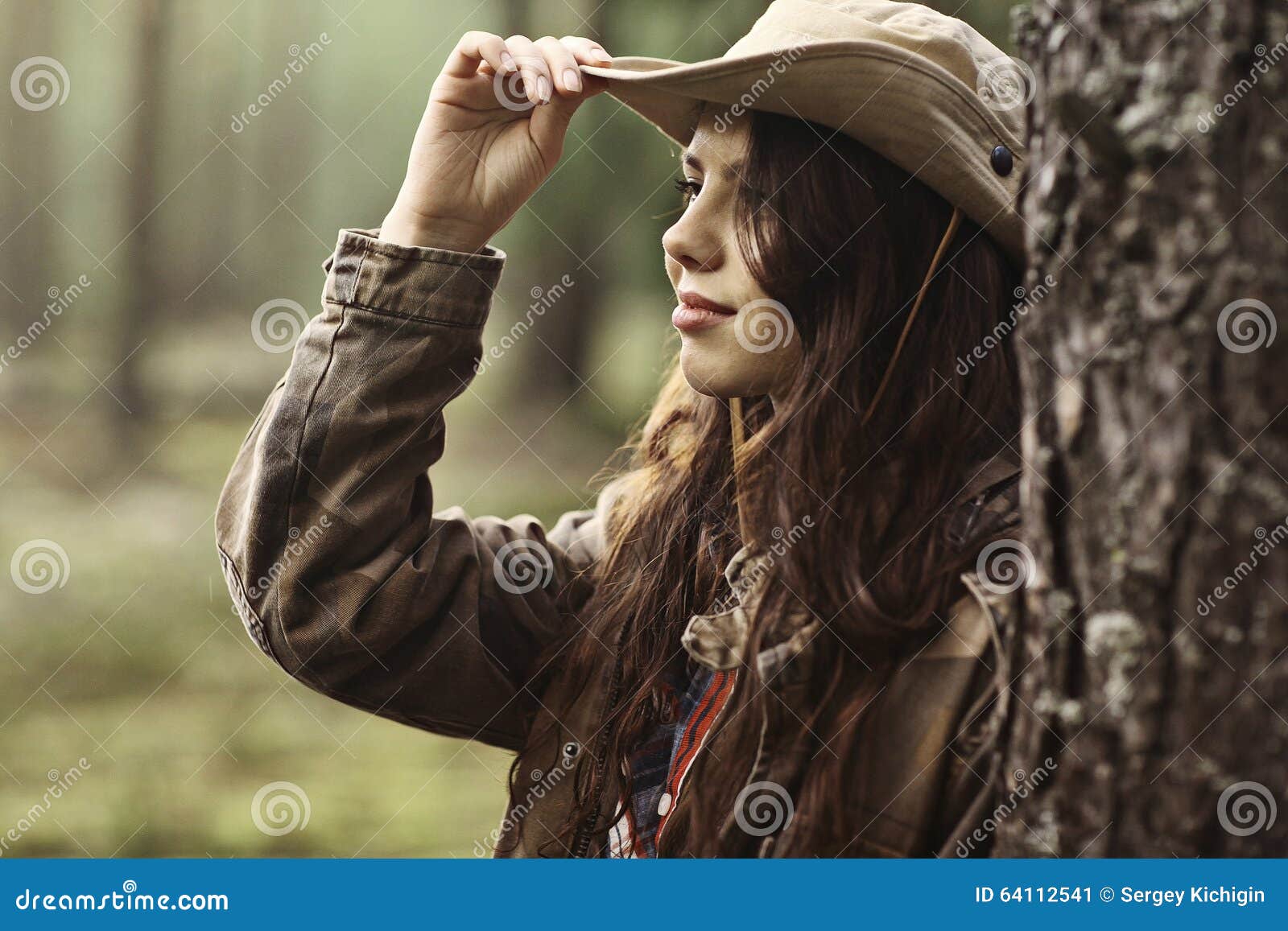 Young girl in the forest stock image. Image of helmet - 64112541