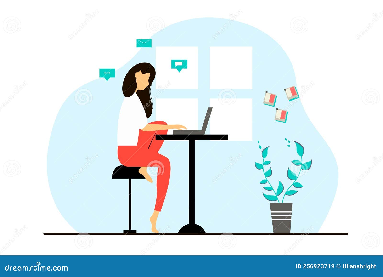 Young Girl is a Freelancer Working from Home. Vector Illustration in ...