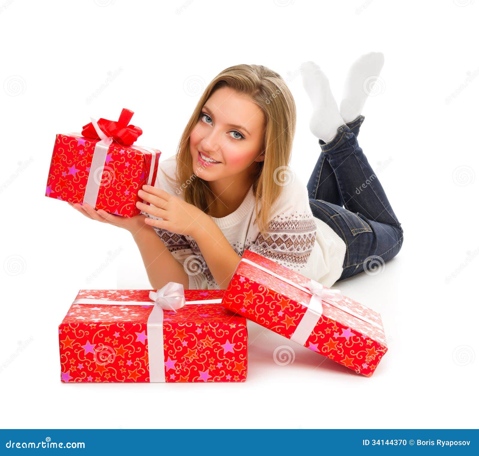 Young girl with gift boxes stock photo. Image of gift - 34144370
