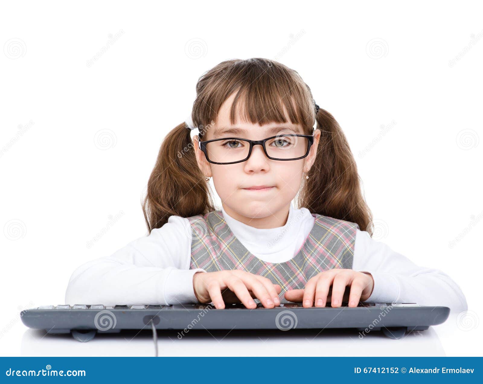 Young Girl with Glasses Typing Keyboard. Isolated on White Stock Photo ...