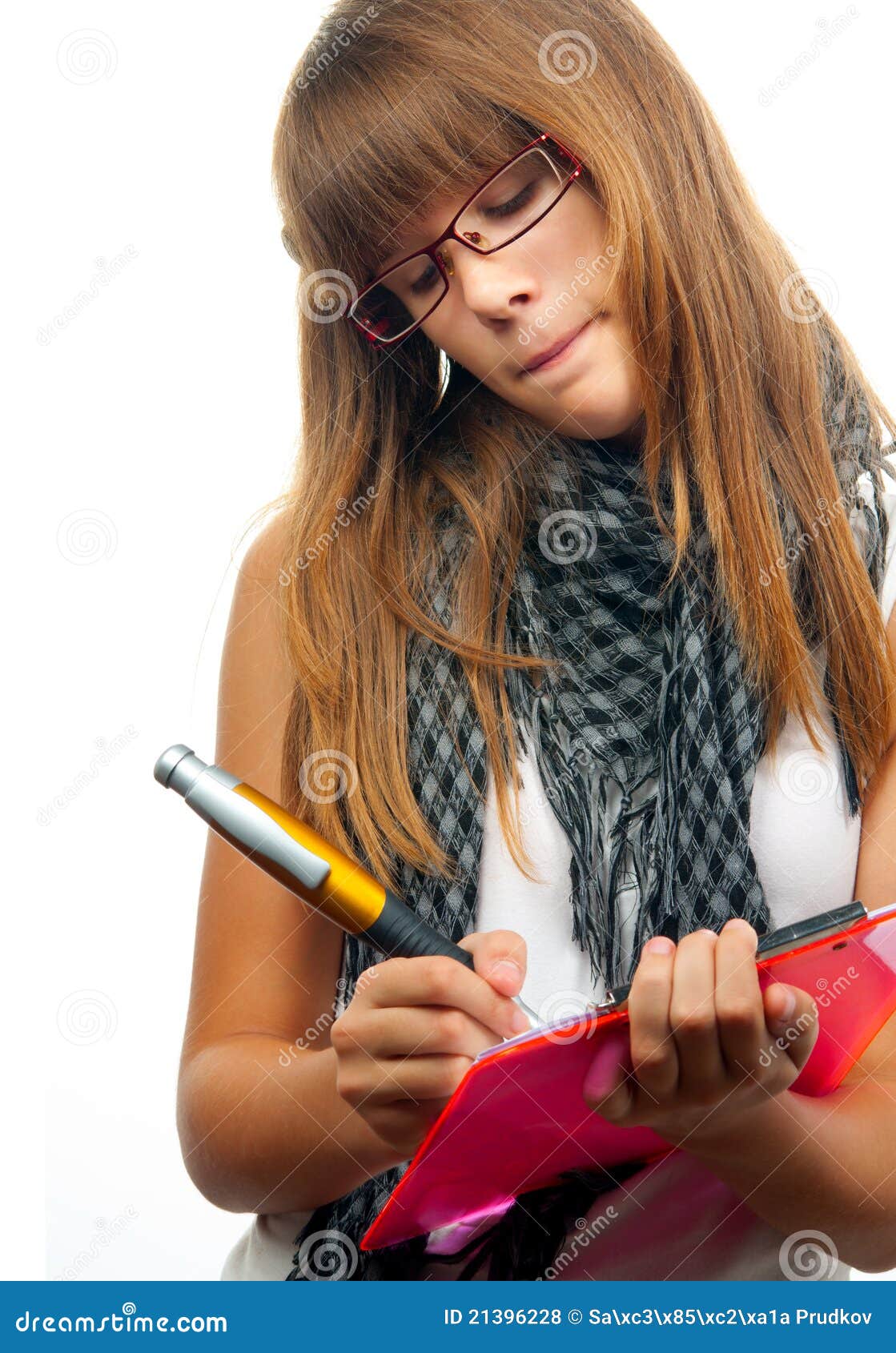 Young Girl with Glasses Writes on the Paper Stock Photo - Image of ...