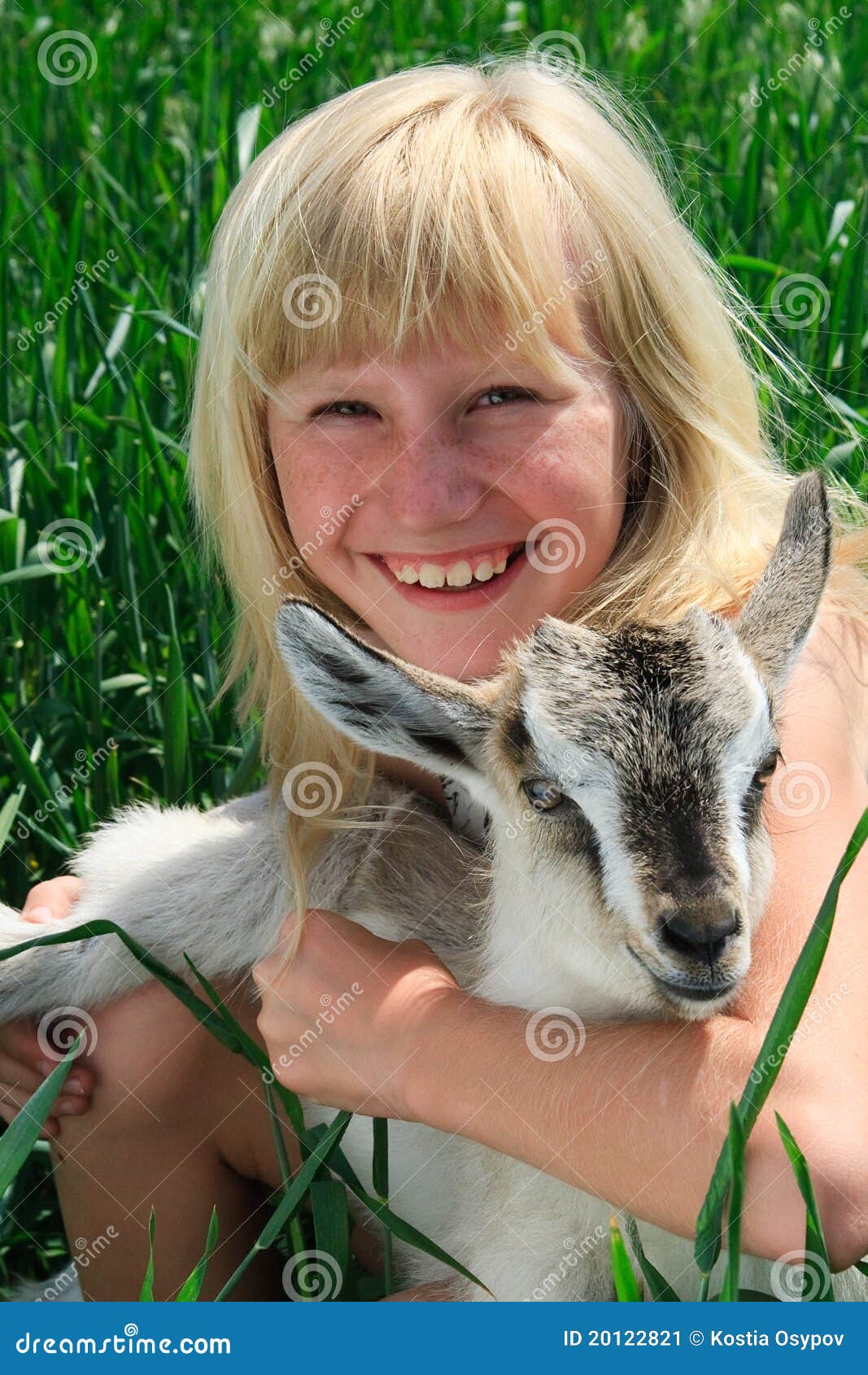 The Young Girl with Gray Goat Stock Image - Image of happiness, love ...