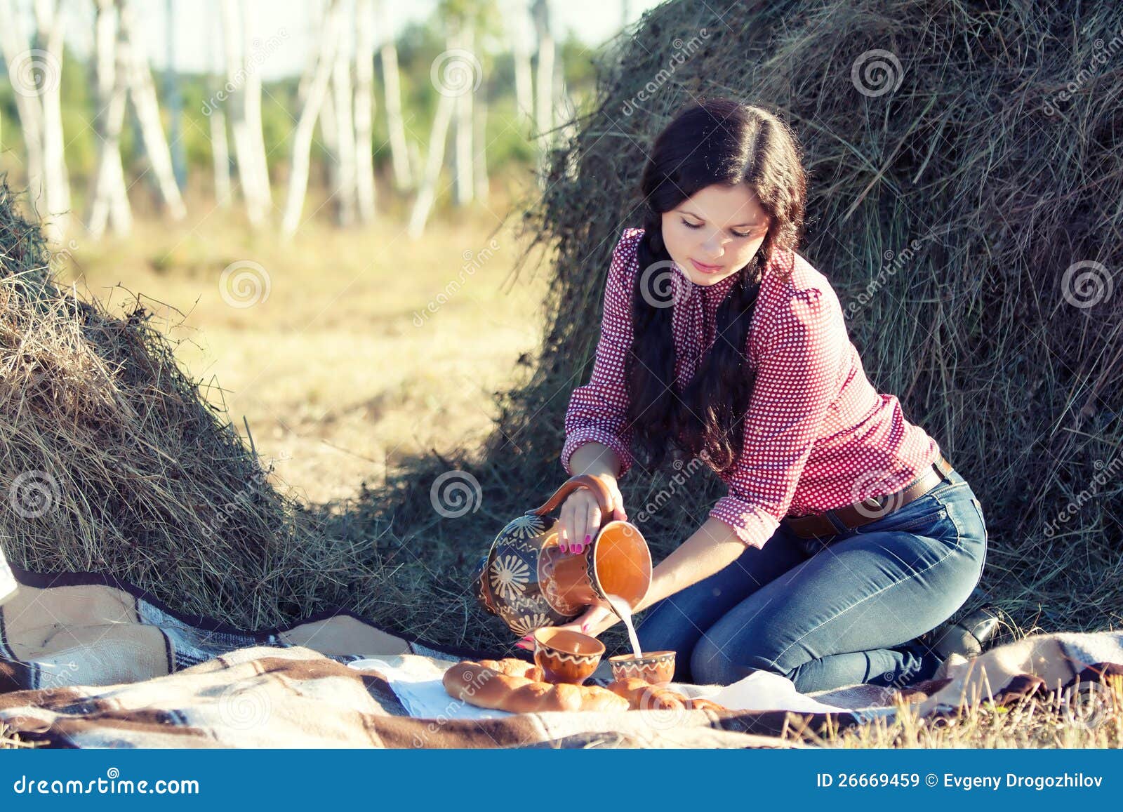 Young Girl Having Breakfast at Wheat Field Stock Image - Image of ...