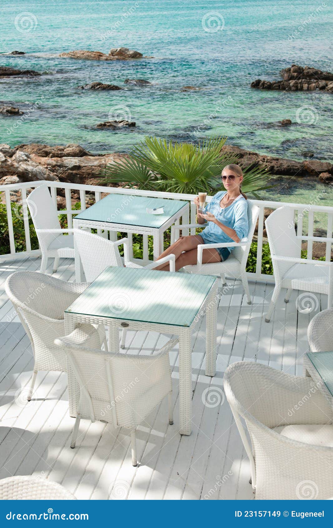 Young Girl Having Coffee Break in Ocean View Cafe Stock Image - Image ...