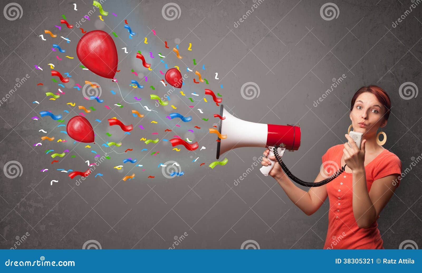 Young Girl Having Fun, Shouting into Megaphone with Balloons Stock ...
