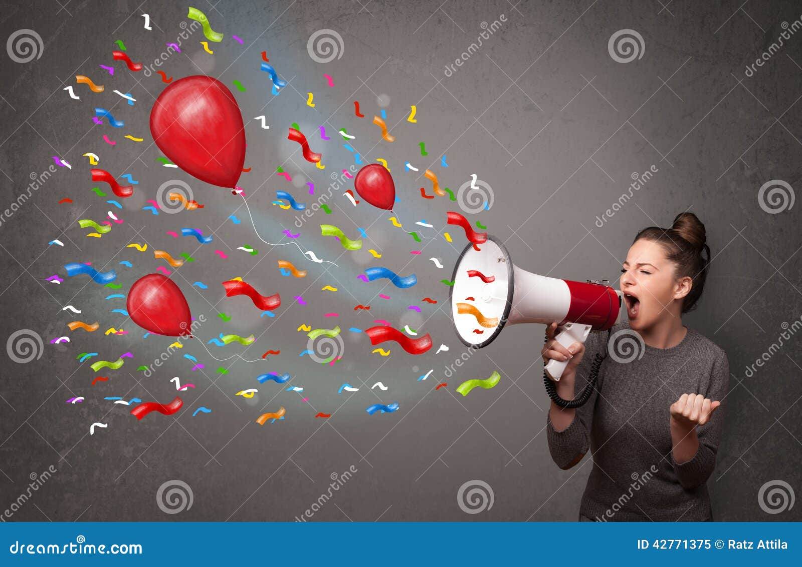 Young Girl Having Fun, Shouting into Megaphone with Balloons Stock ...