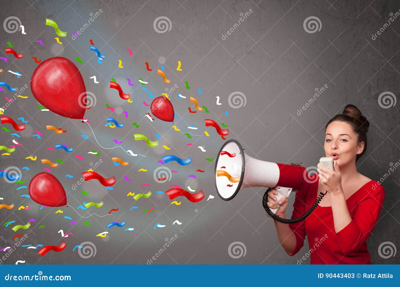 Young Girl Having Fun, Shouting into Megaphone with Balloons Stock ...