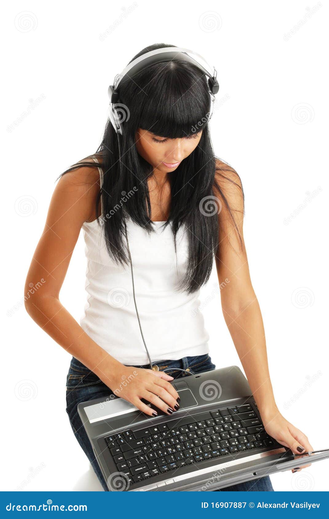 The Young Girl in Headphones with a Computer Stock Image - Image of ...