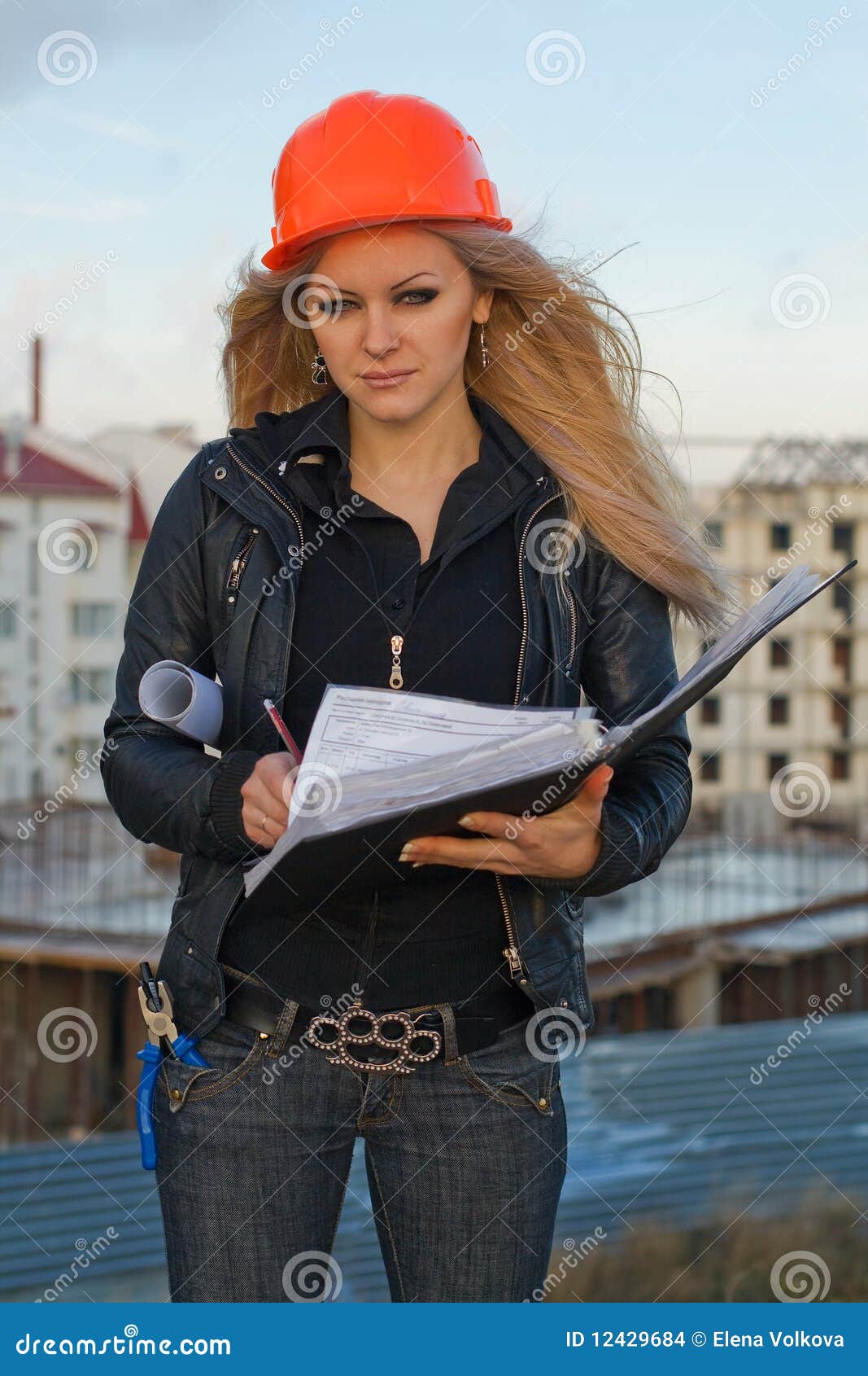 Young Girl in a Helmet before Building Stock Photo - Image of inspector ...
