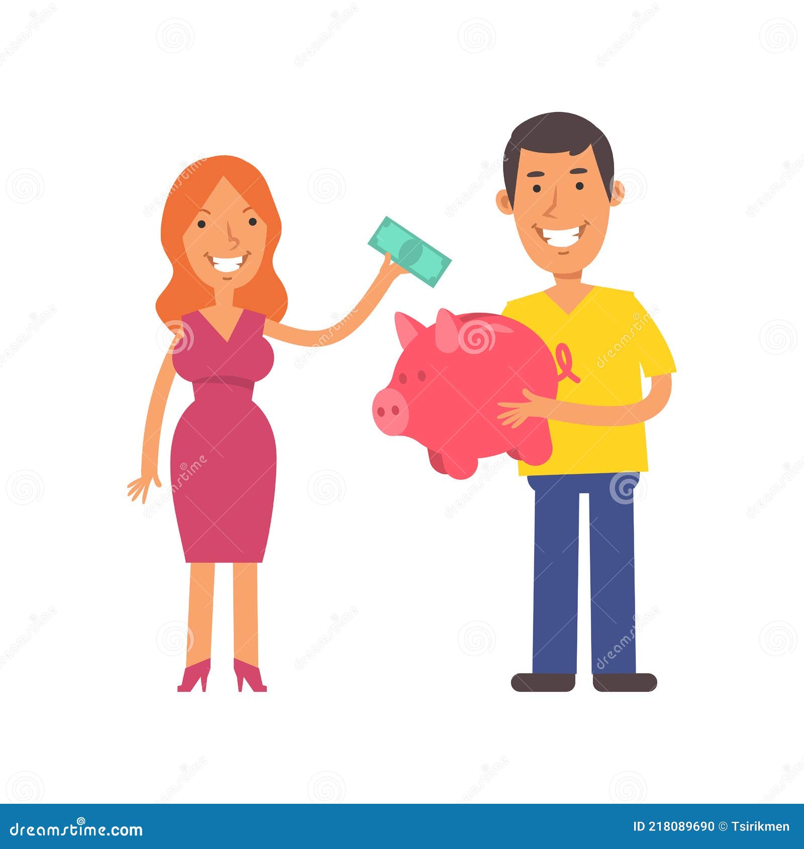 Young Girl Holding Banknote and Smiling. Man Holding Piggy Bank and ... Young Girl Holding Banknote and Smiling. Man Holding Piggy Bank and ...
