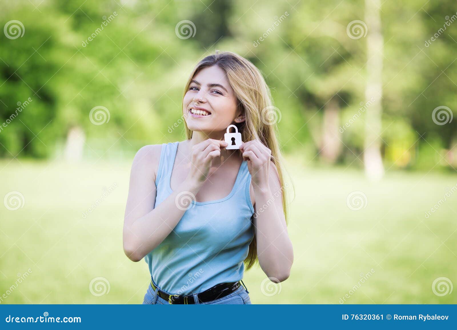 Young Girl Holding Cardboard of Lock Icon Stock Image - Image of ...