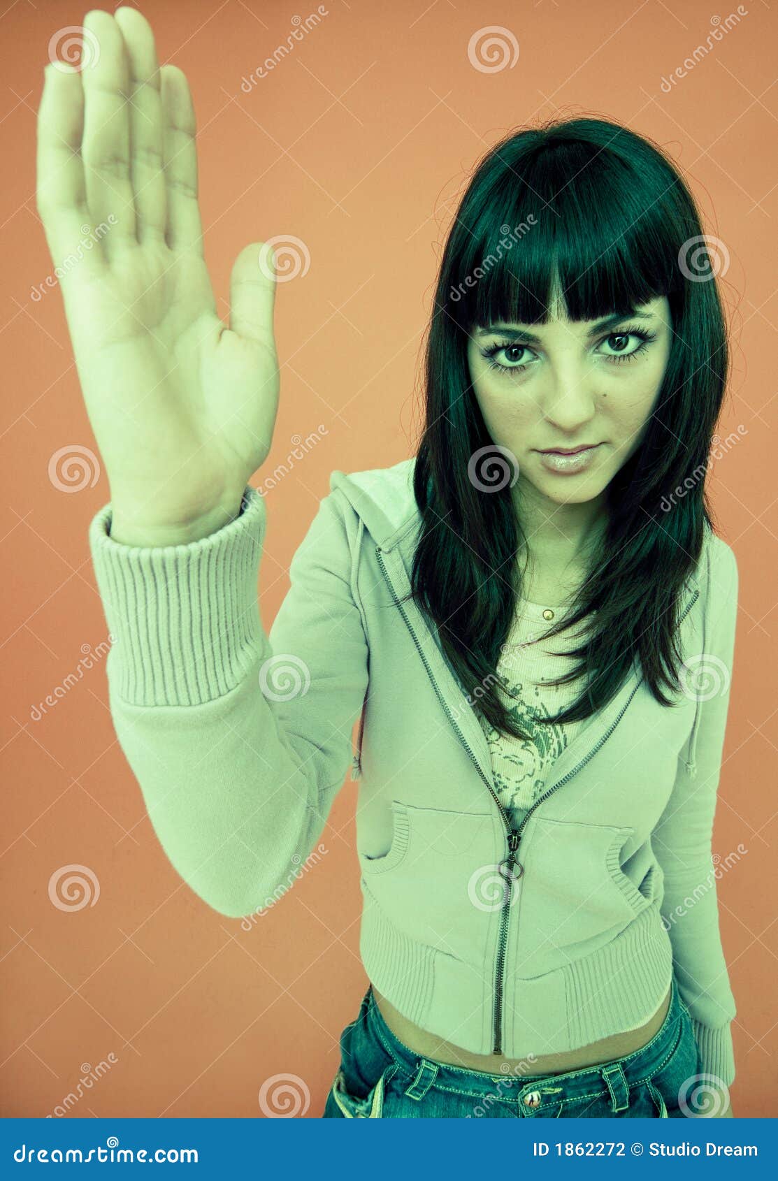 Young Girl with Holding Up Hand Stock Photo - Image of angle, handsome ...