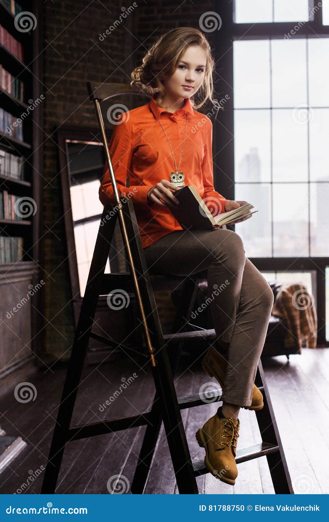 Young Girl in the Home Library Stock Photo - Image of library, home ...