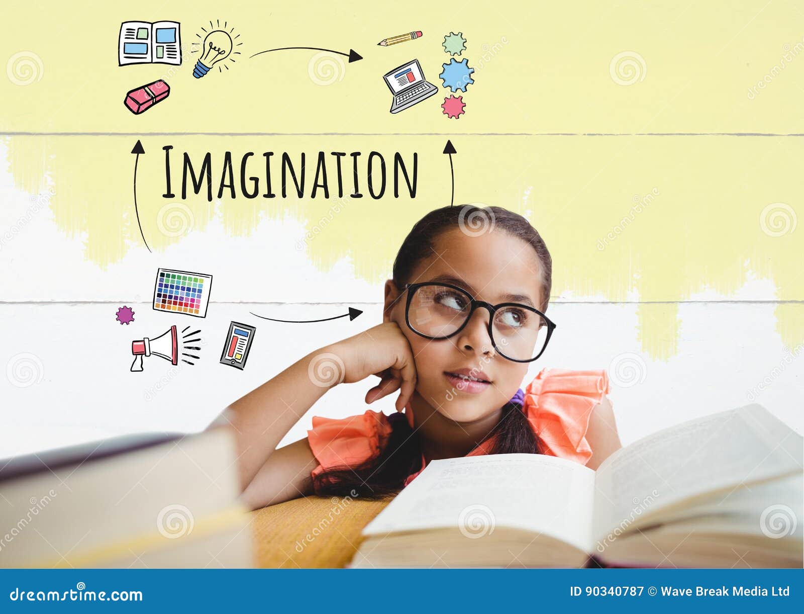 Young Girl Iwth Books Thinking and Imagination Text with Drawings ...