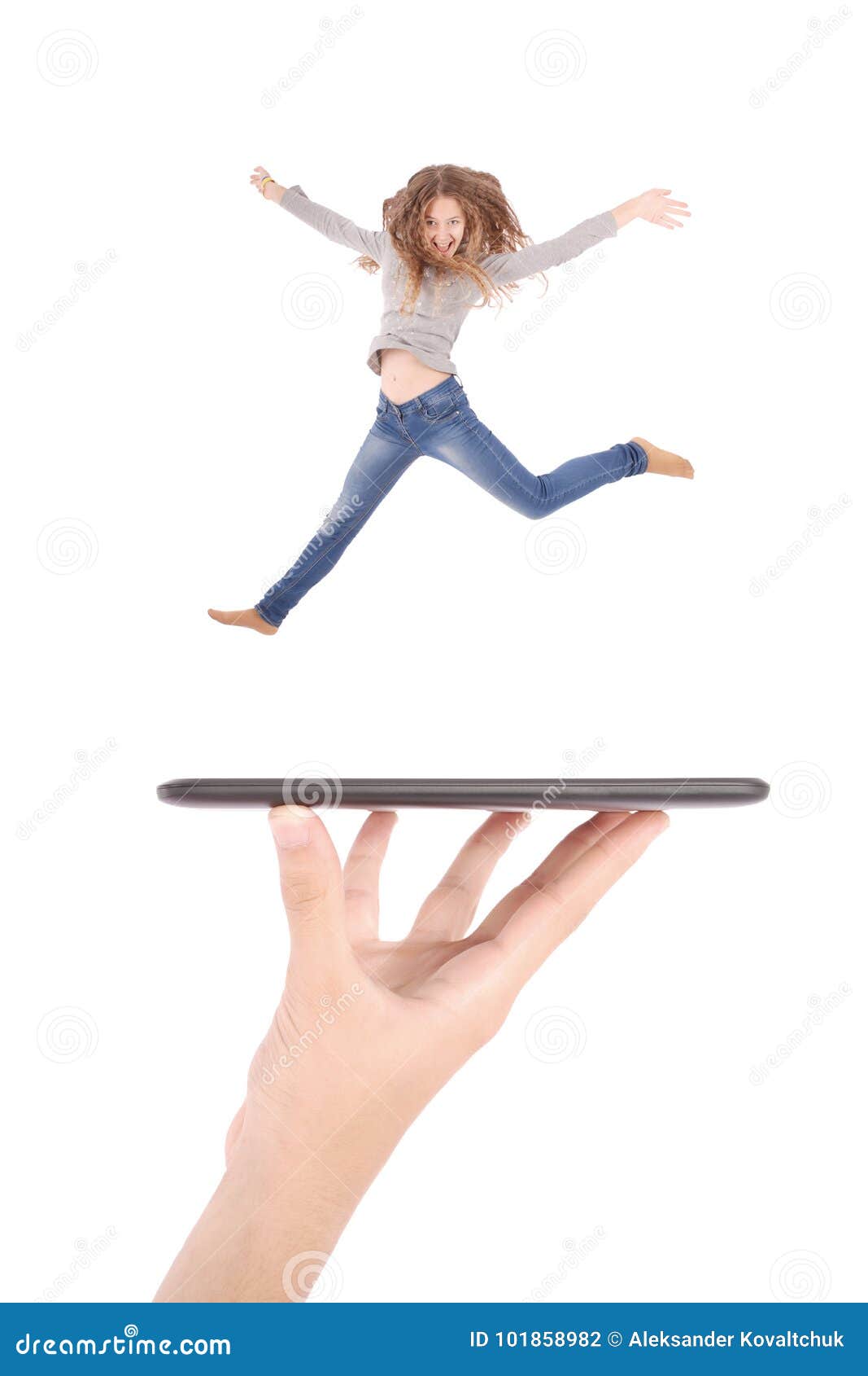 Young Girl Jump Using Tablet Pc on People Hand Stock Photo - Image of ...