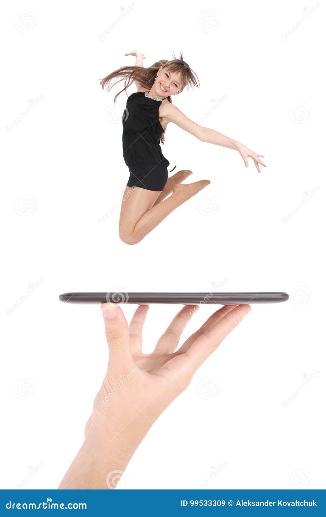 Young Girl Jump Using Tablet Pc on People Hand Stock Image - Image of ...