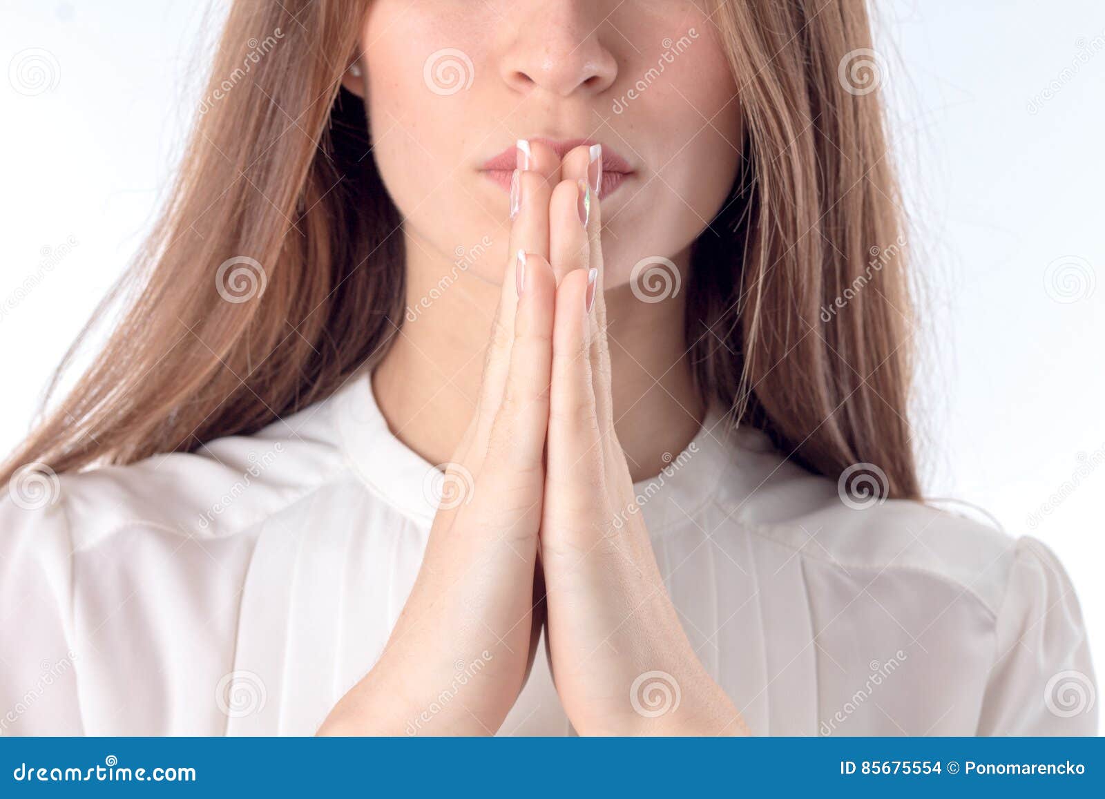 Young Girl Keeps Two Palm Pressed To Each Other Close-up Stock Photo ...