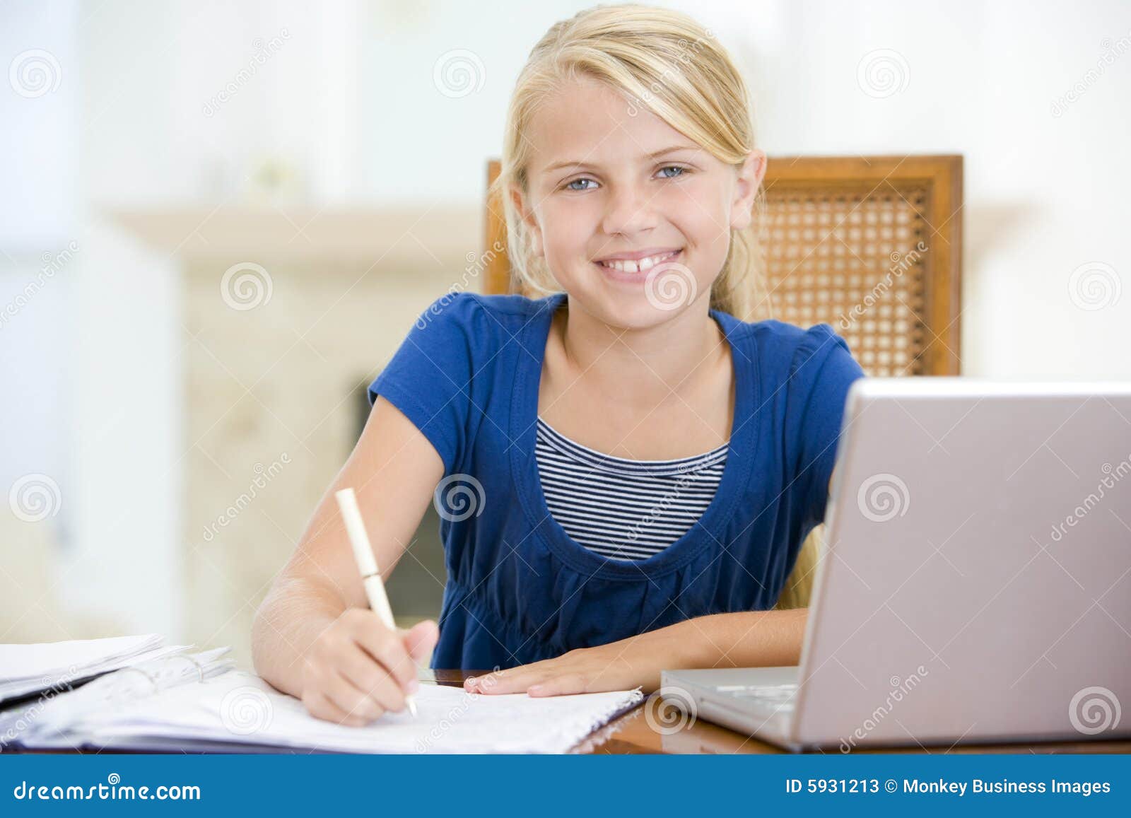 Young Girl with Laptop Doing Homework Stock Image - Image of portrait ...