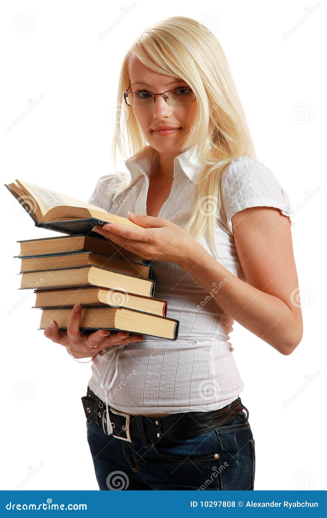 Young Girl Leaned Over Pile of Books Stock Photo - Image of training ...