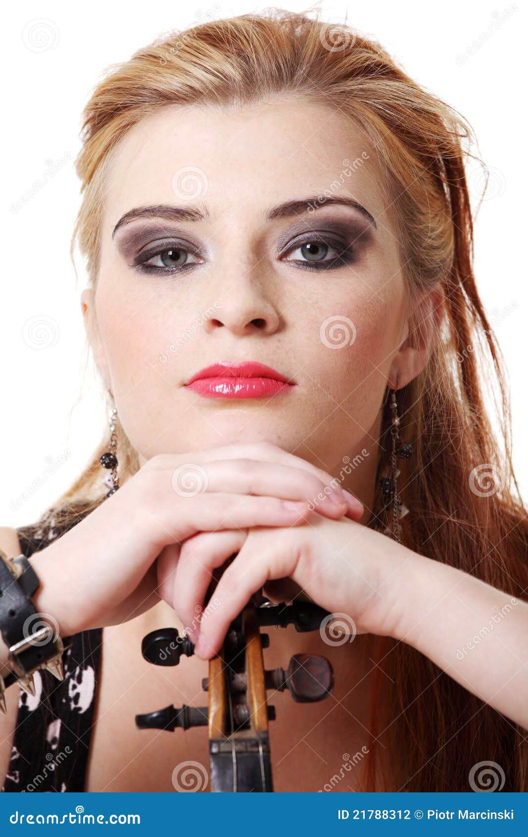Young Girl Leaning Head on Fiddle. Stock Photo - Image of pose ...