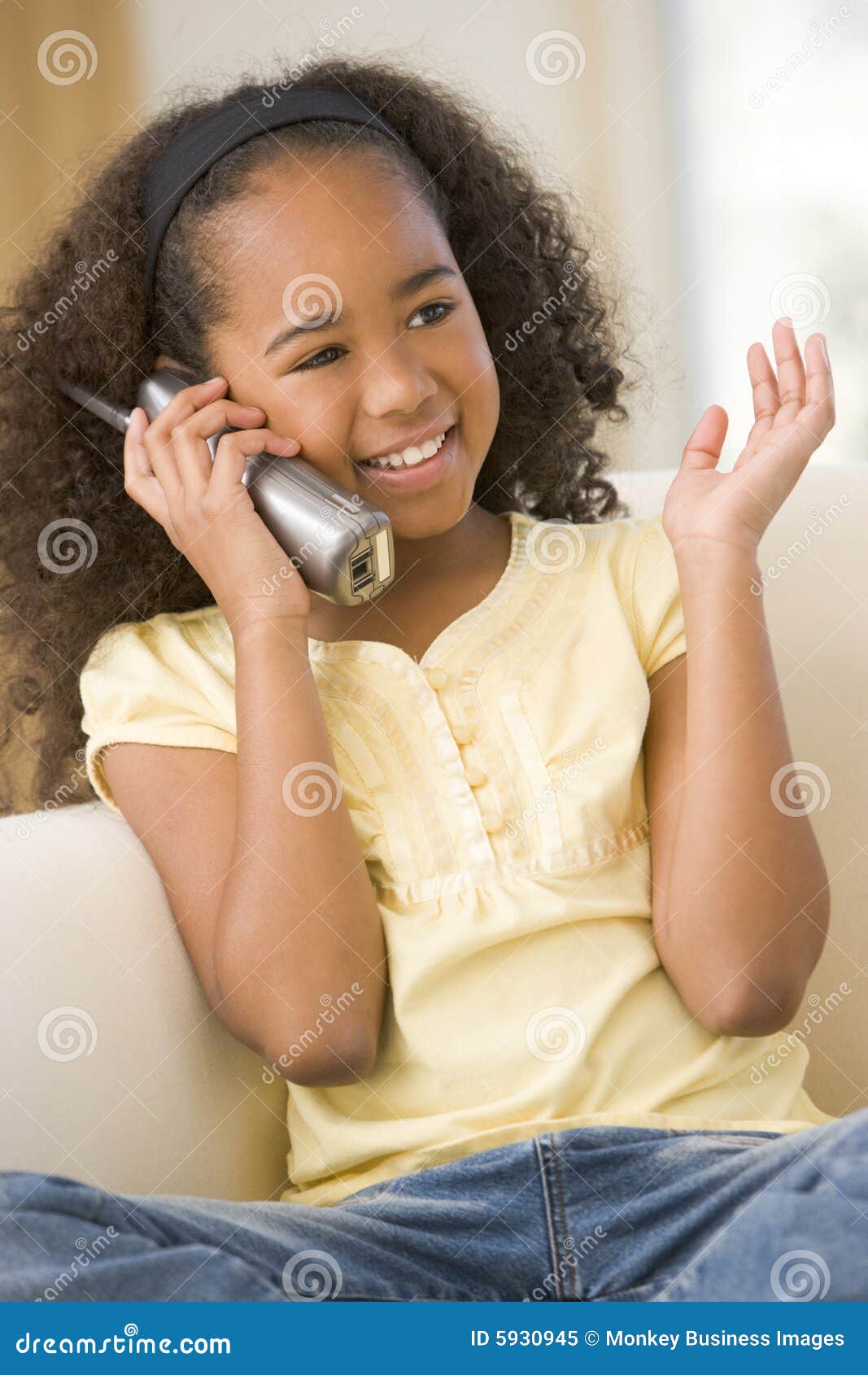 Young Girl in Living Room Using Telephone Stock Image - Image of ...