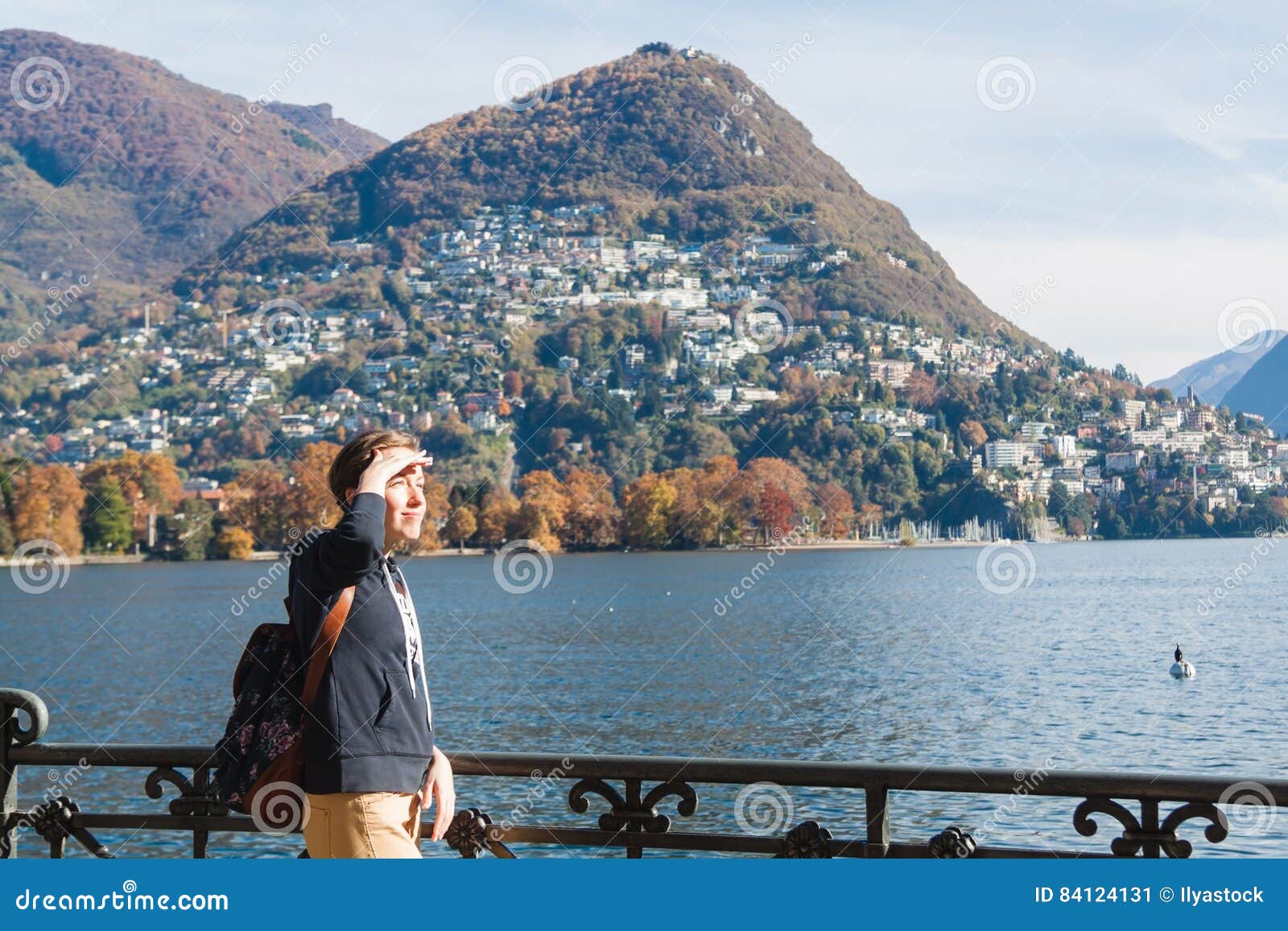 Young Girl Looking at the Panoramic Scenery. Lugano, Switzerland Stock ...