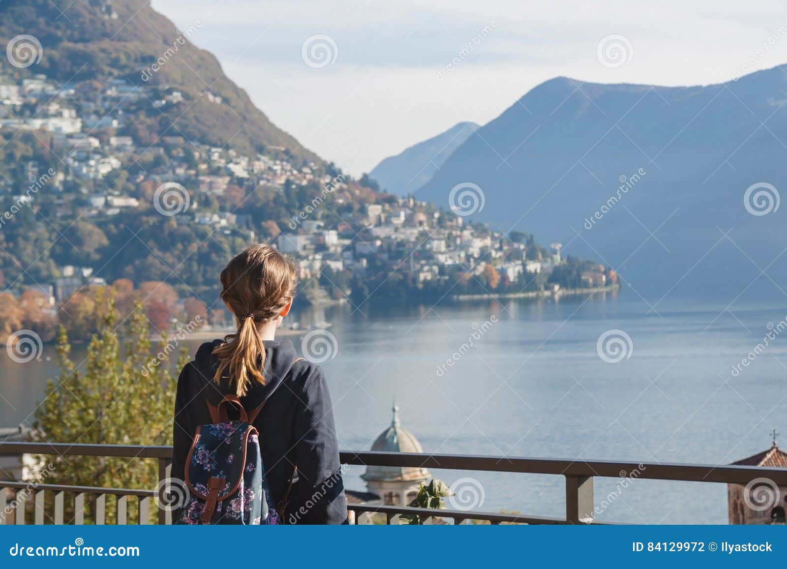 Young Girl Looking at the Panoramic Scenery. Lugano, Switzerland Stock ...