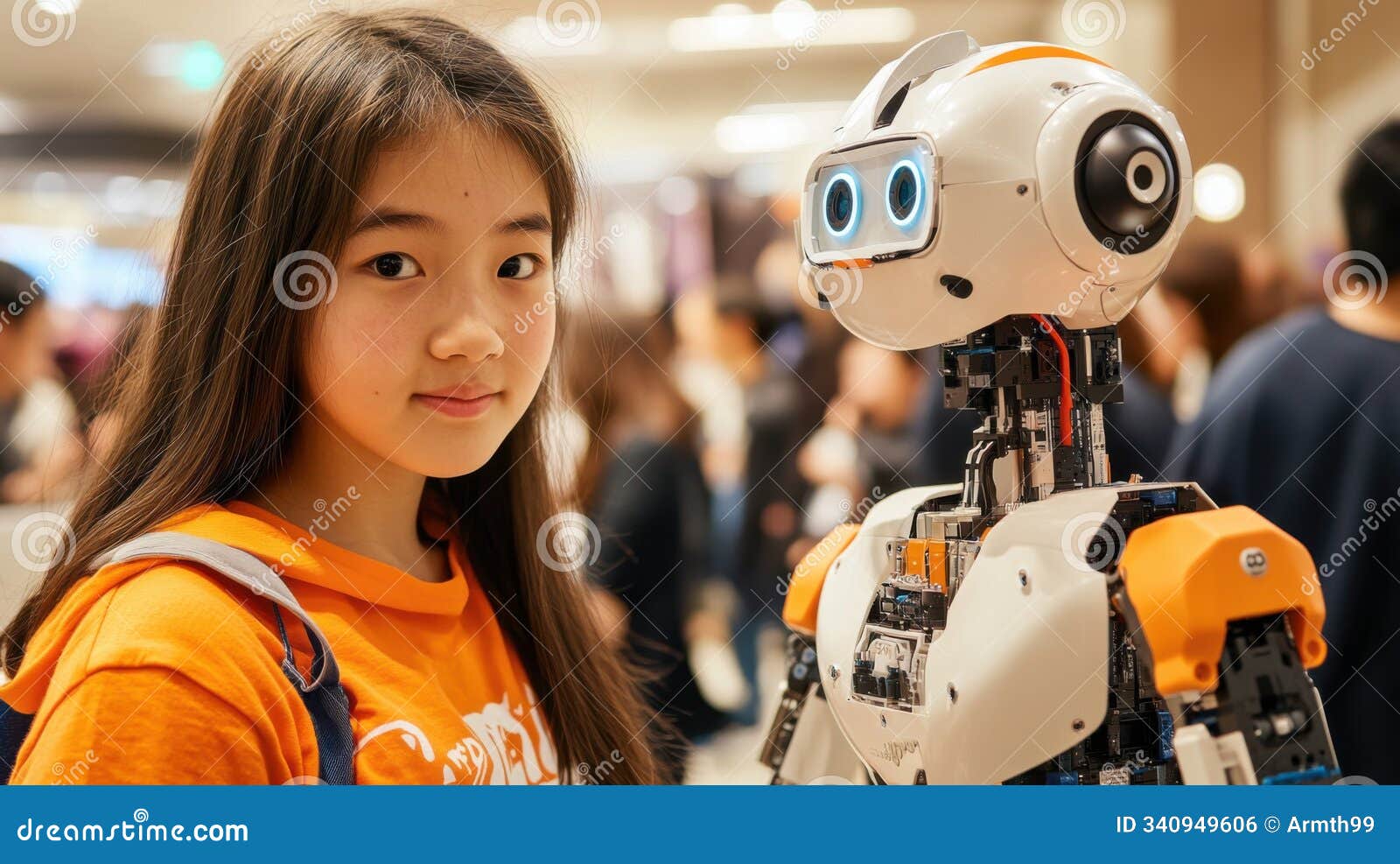 Young Girl Looks at the Camera while Standing beside a Humanoid Robot ...