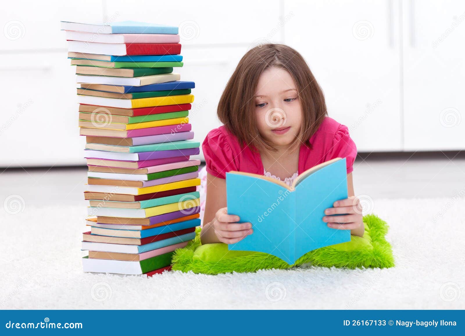 Young Girl with Lots of Books Stock Image - Image of reading, happy ...
