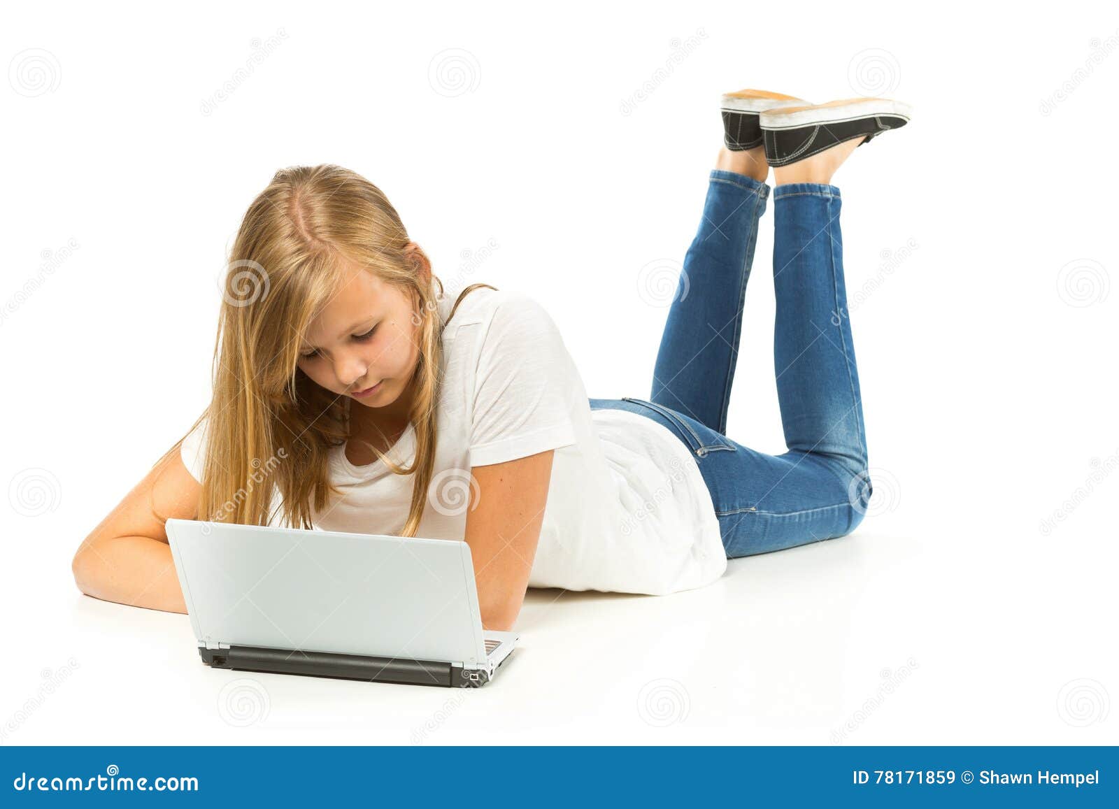 Young Girl Lying on the Floor Using Laptop Stock Image - Image of lying ...