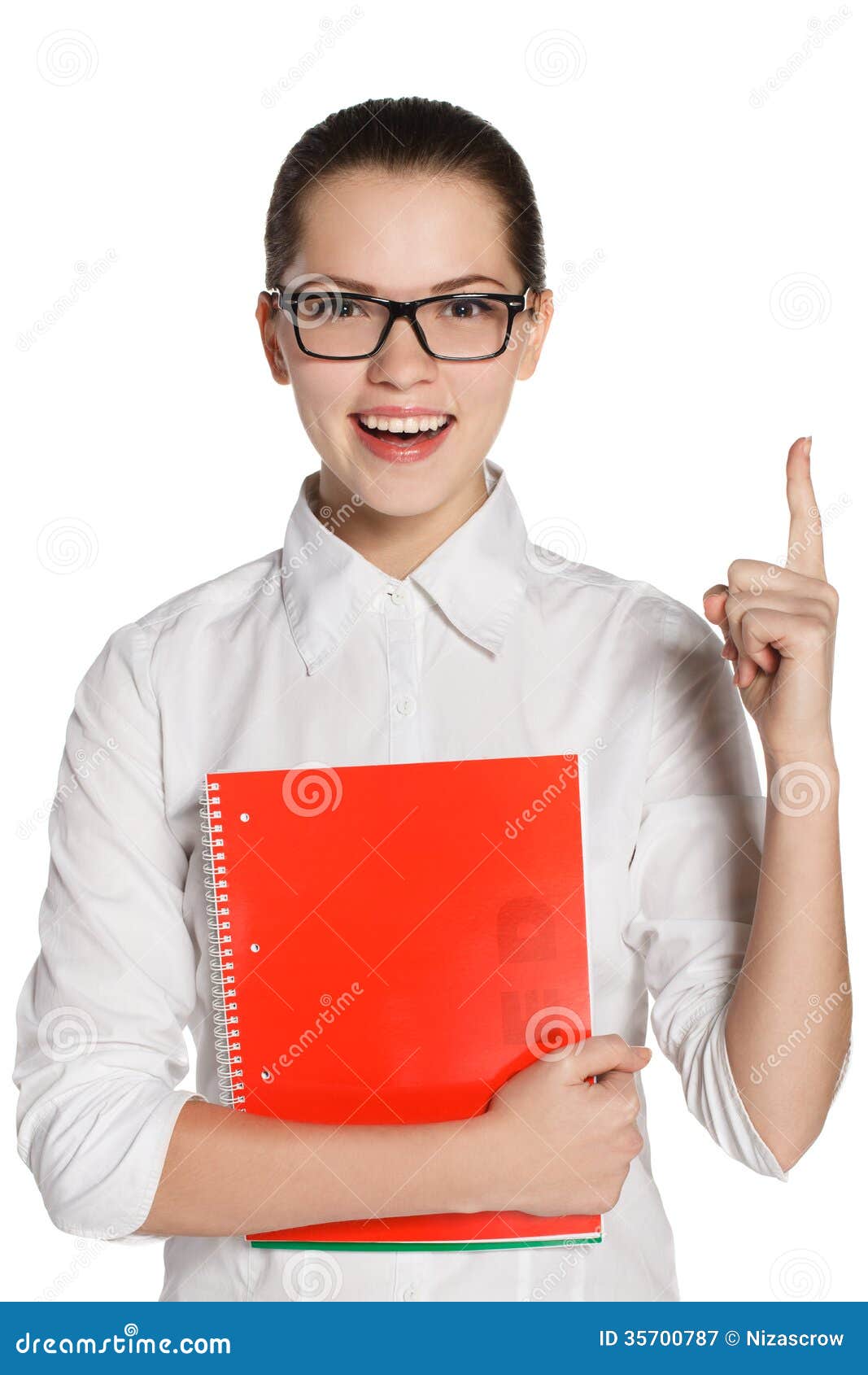 Young Girl with Notebook, Smile, Points Stock Image - Image of finger ...