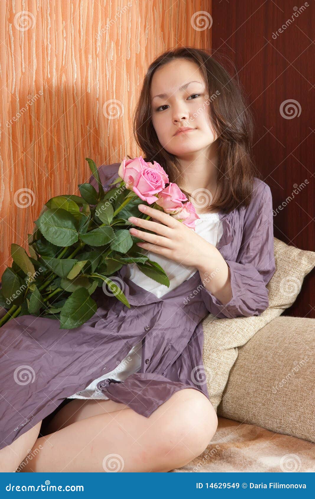 Young girl and pink roses stock image. Image of home - 14629549