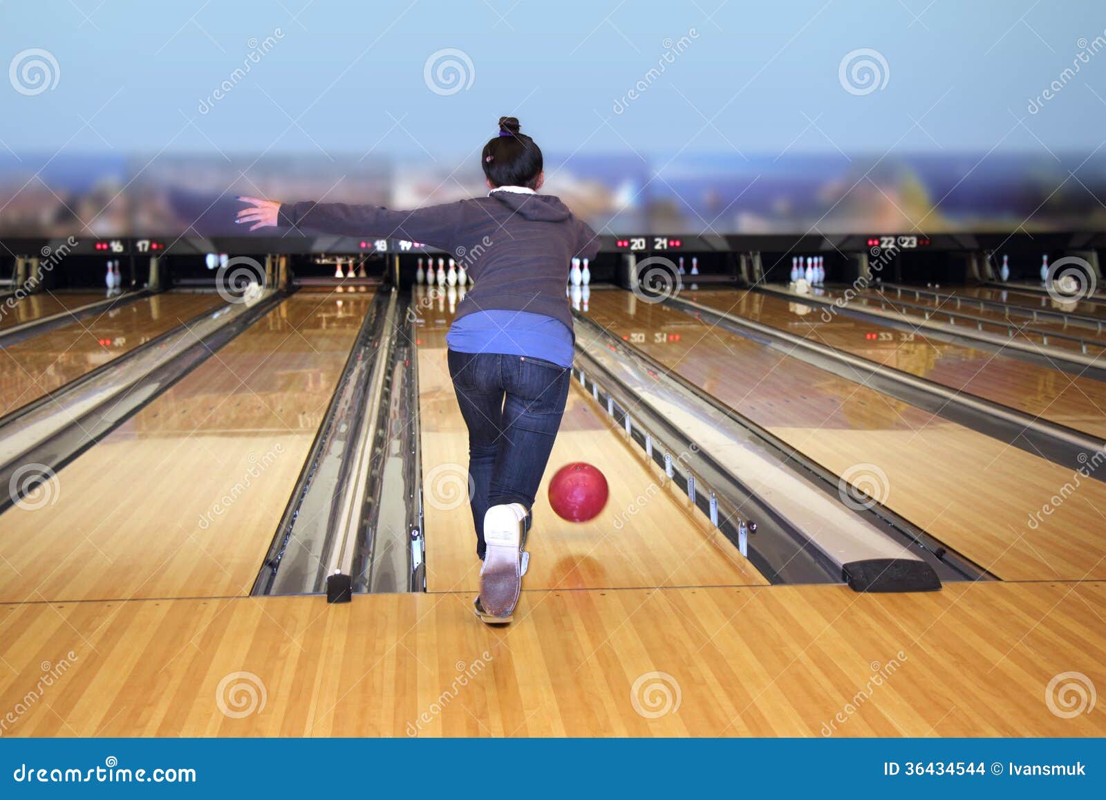 Young girl playing bowling stock photo. Image of ball - 36434544