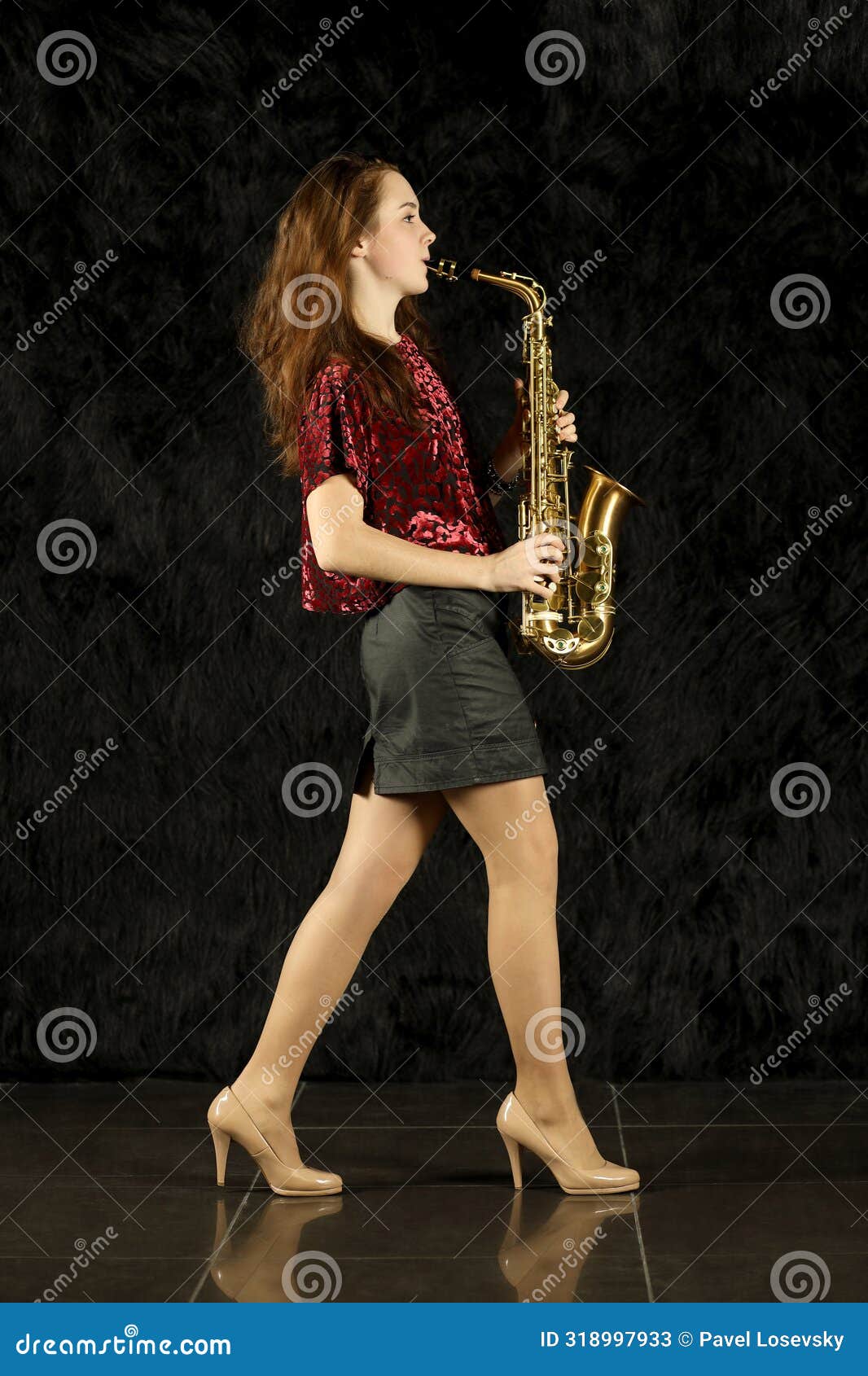 Young Girl Playing Saxophone in a Black Stock Image - Image of arts ...