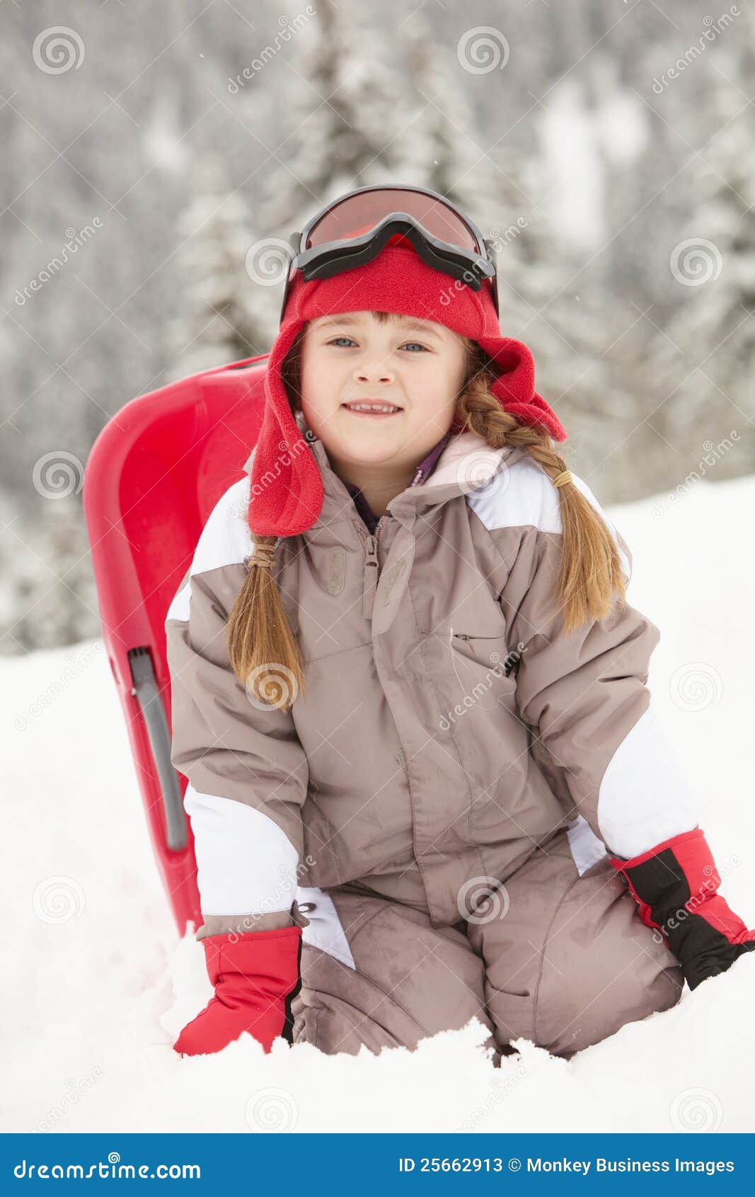 Young Girl Playing in Snow with Sledge Stock Image - Image of snow ...