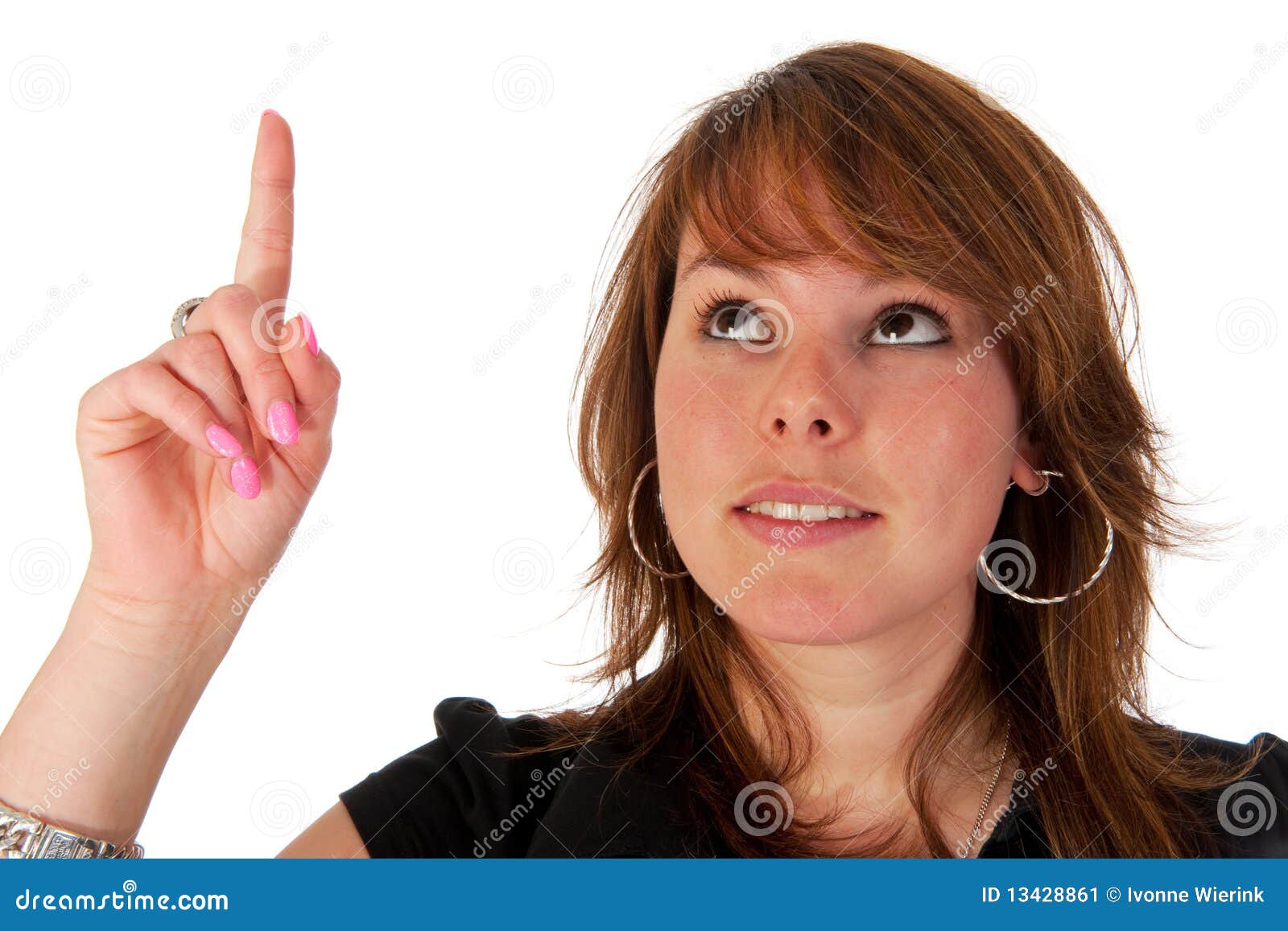 Young girl is pointing up stock image. Image of portrait - 13428861