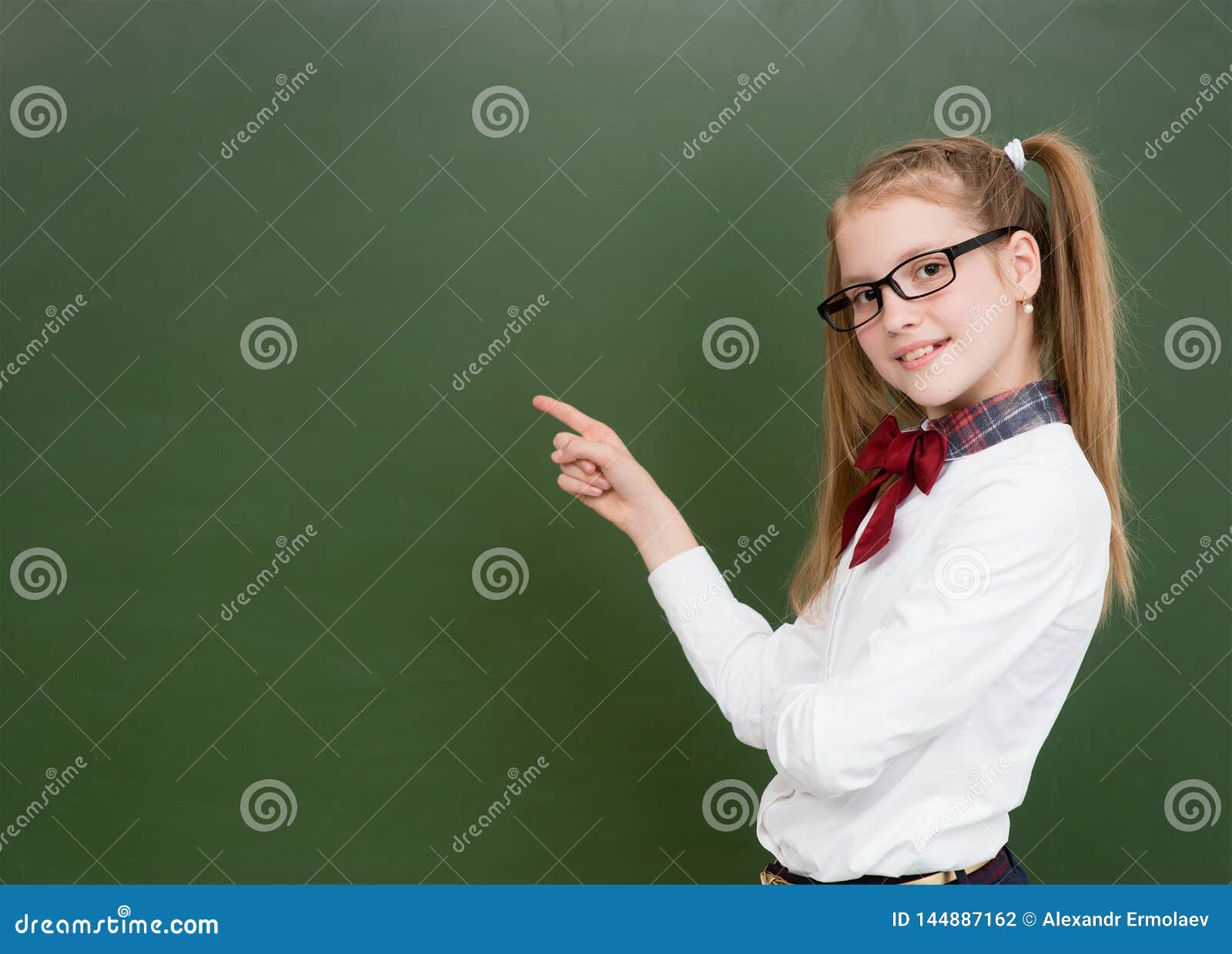 Young Girl Points on Empty Green Chalkboard Stock Photo - Image of ...