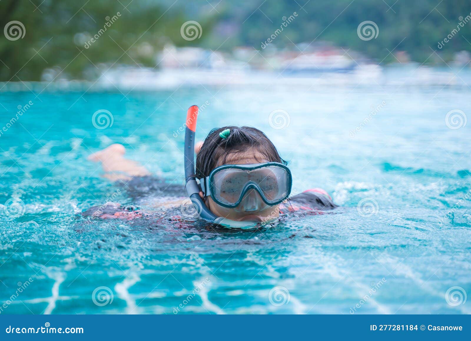 Young Girl in Pool with Swimming Mask and Snorkel Stock Photo - Image ...