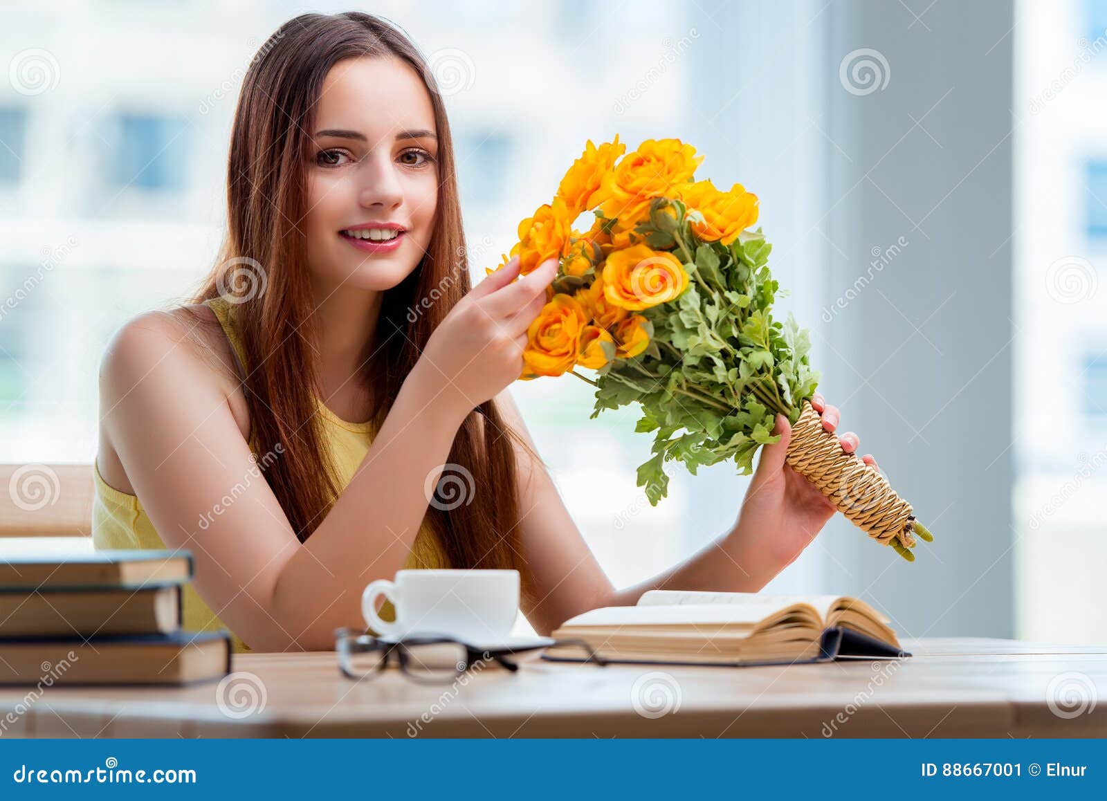 The Young Girl with Present of Flowers Stock Image - Image of holding ...