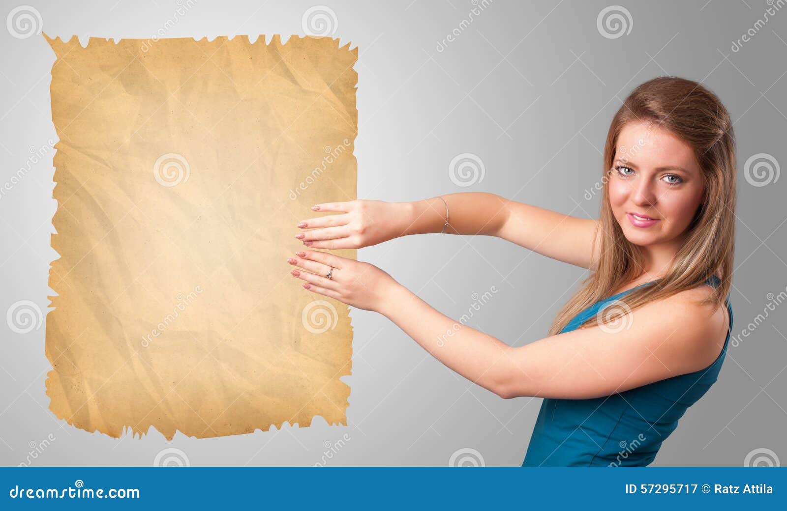 Young Girl Presenting Old Paper Copy Space Stock Image - Image of hold ...