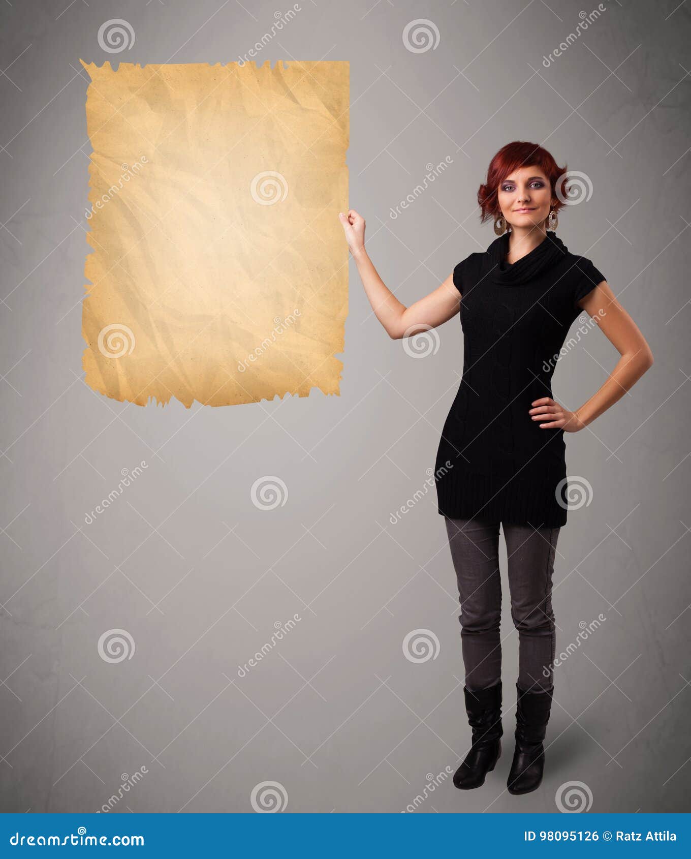 Young Girl Presenting Old Paper Copy Space Stock Photo - Image of hold ...