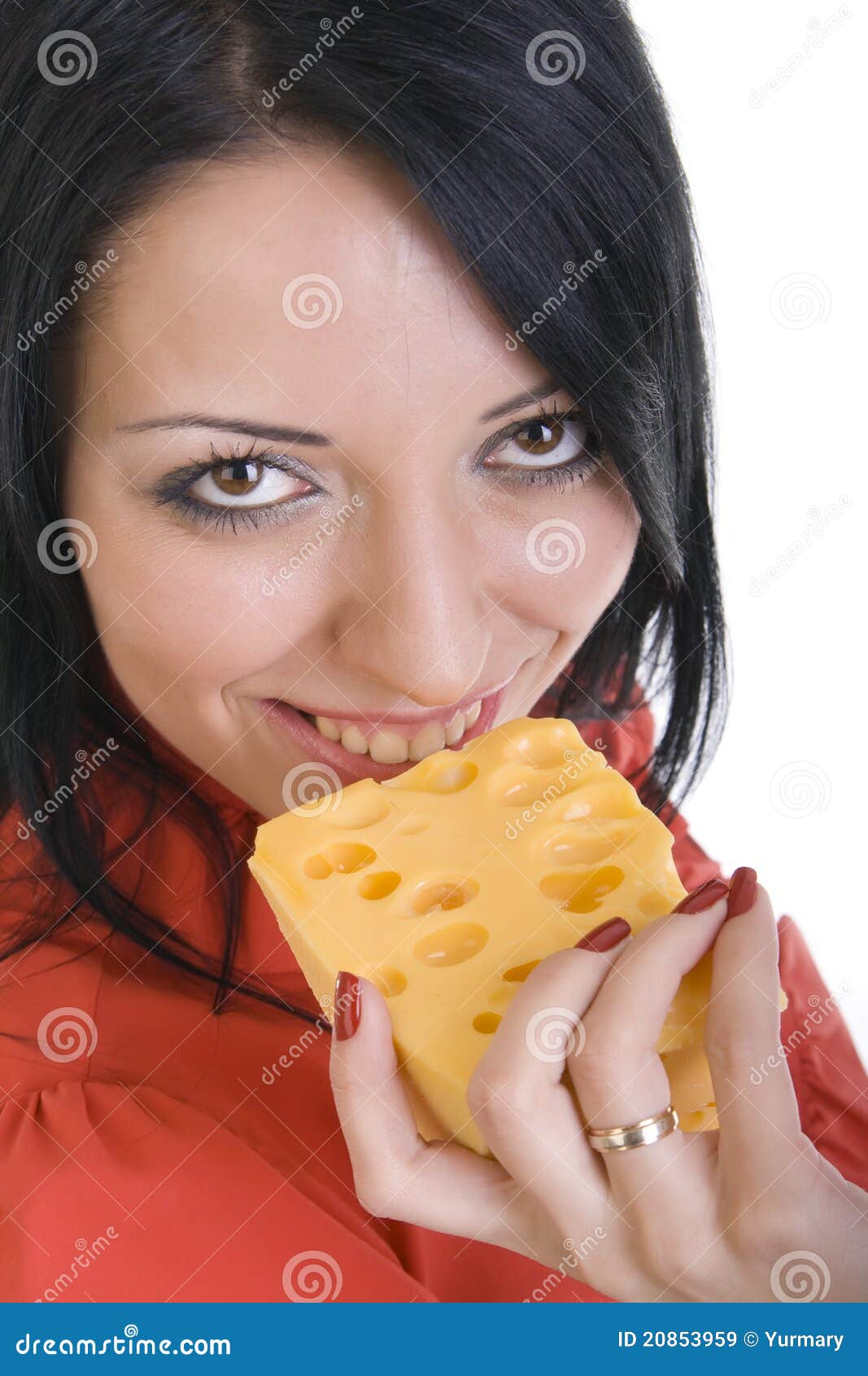 Young Girl in Red, with a Delicious Slice of Chees Stock Image - Image ...
